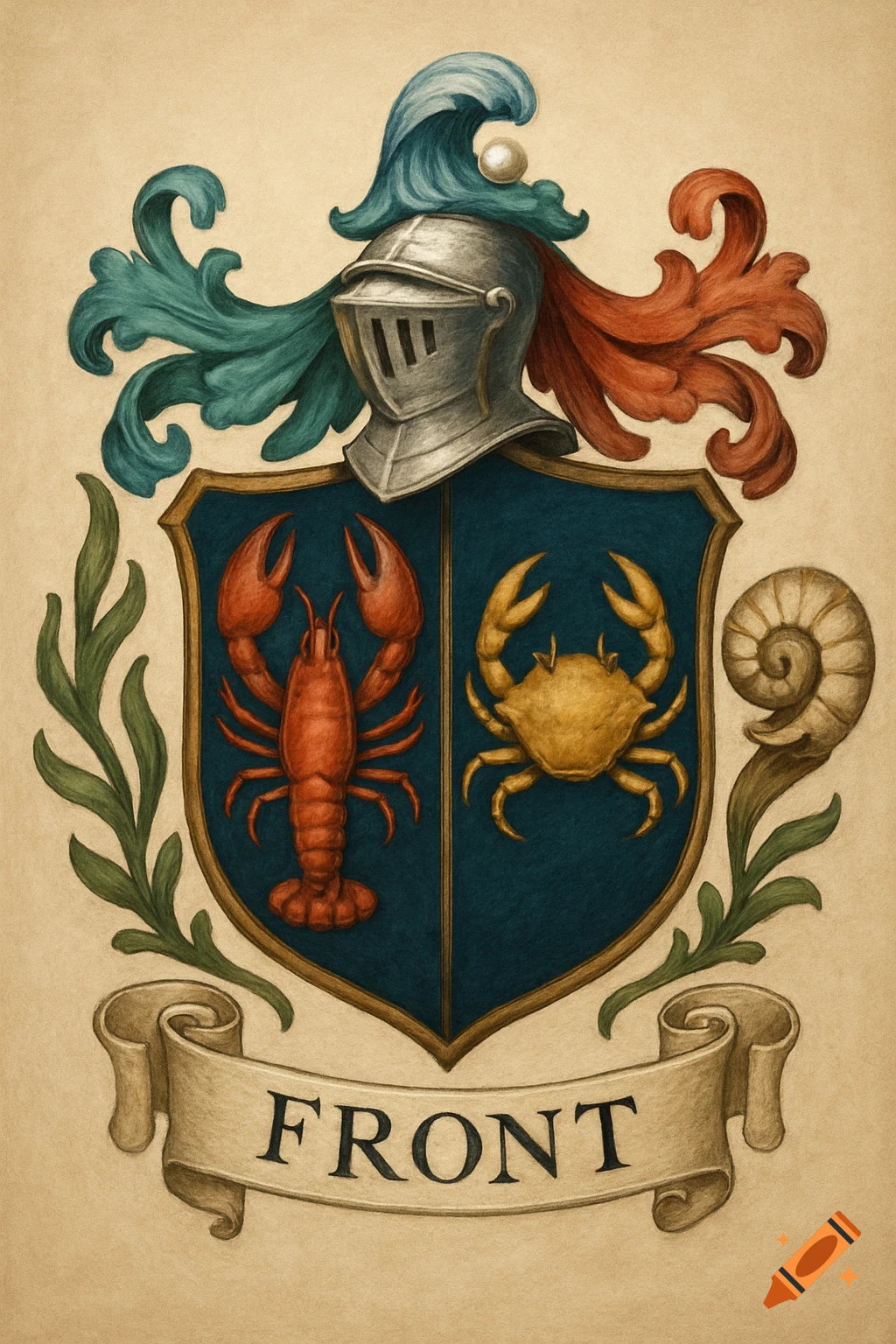 Illustrated coat of arms with lobster, crab, helm, and 'FRONT' banner ...