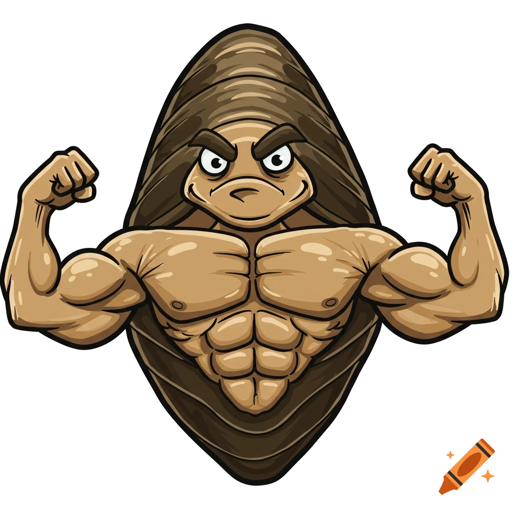 Cartoon quagga mussel character with muscular human-like arms and torso ...