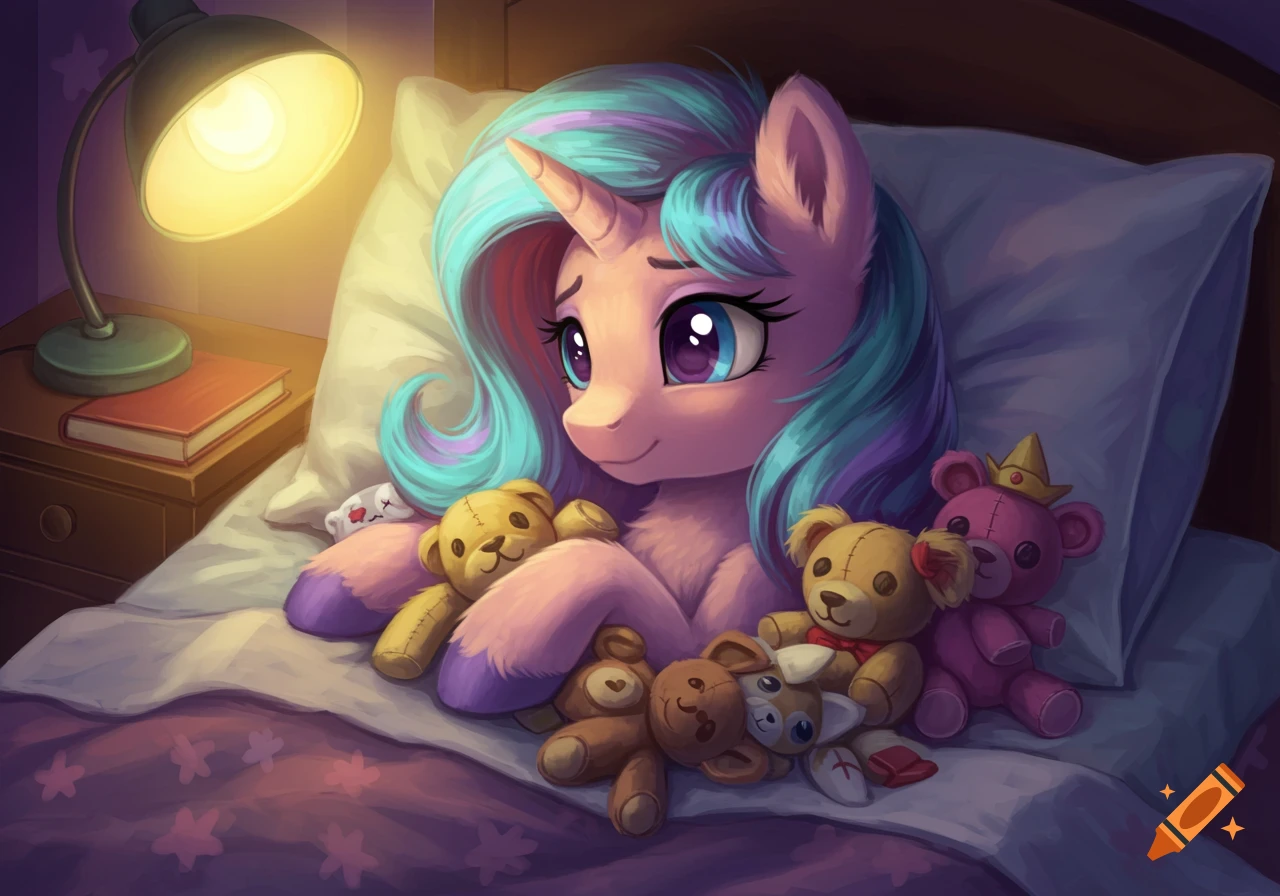 Cute cartoon pony with colored hair in bed cuddling stuffed animals on ...