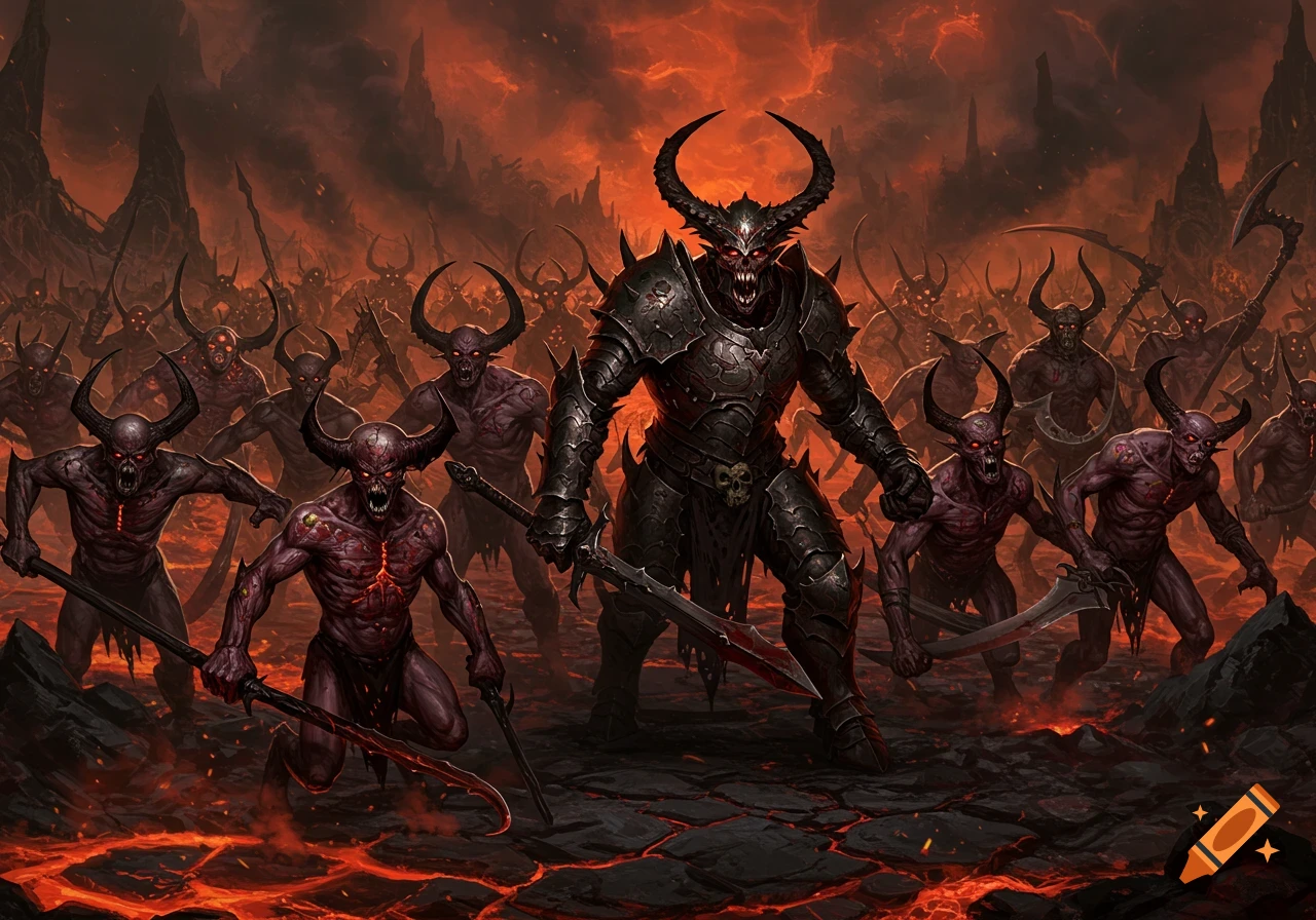 An army of monstrous demons led by an armored figure stands on volcanic ...