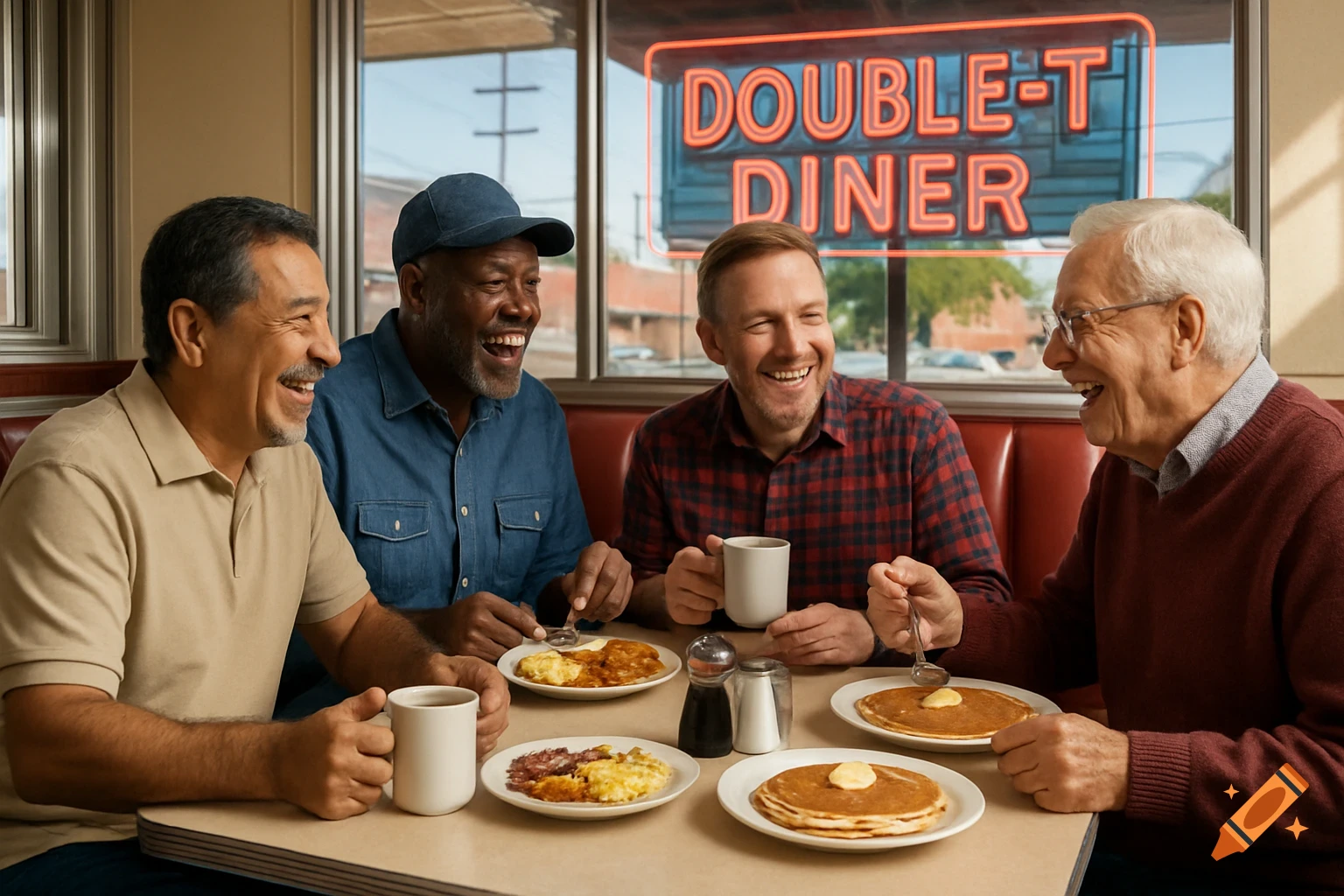 Four men laugh while eating breakfast at a diner with a "Double-T Diner ...
