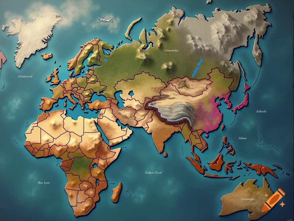 A fantasy world map with detailed relief and labels. on Craiyon
