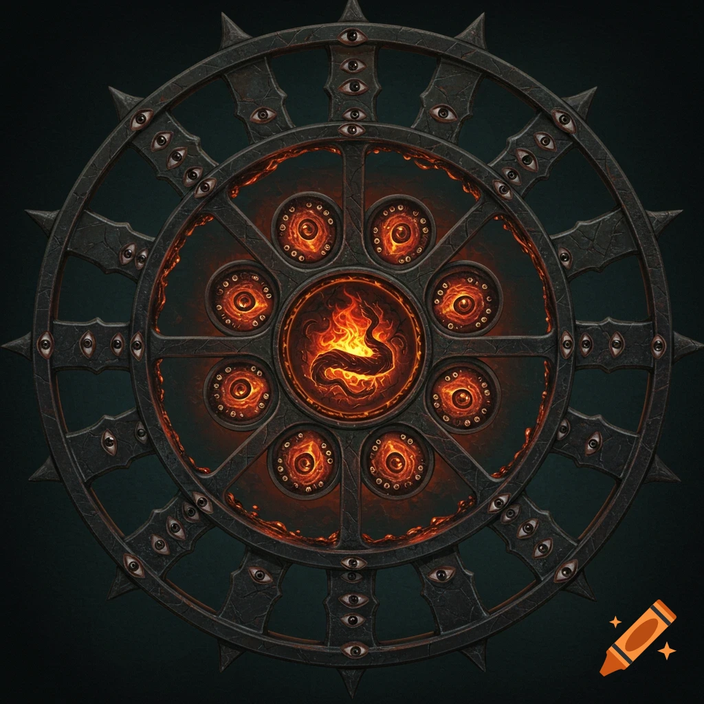 Dark fantasy wheel covered in eyes with a fiery spirit. on Craiyon