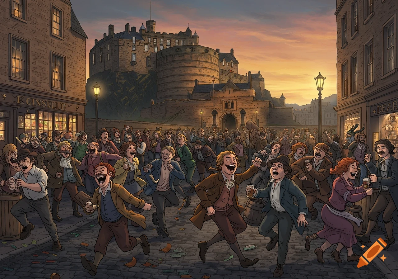 Illustrated scene of a large, laughing crowd running down a street ...