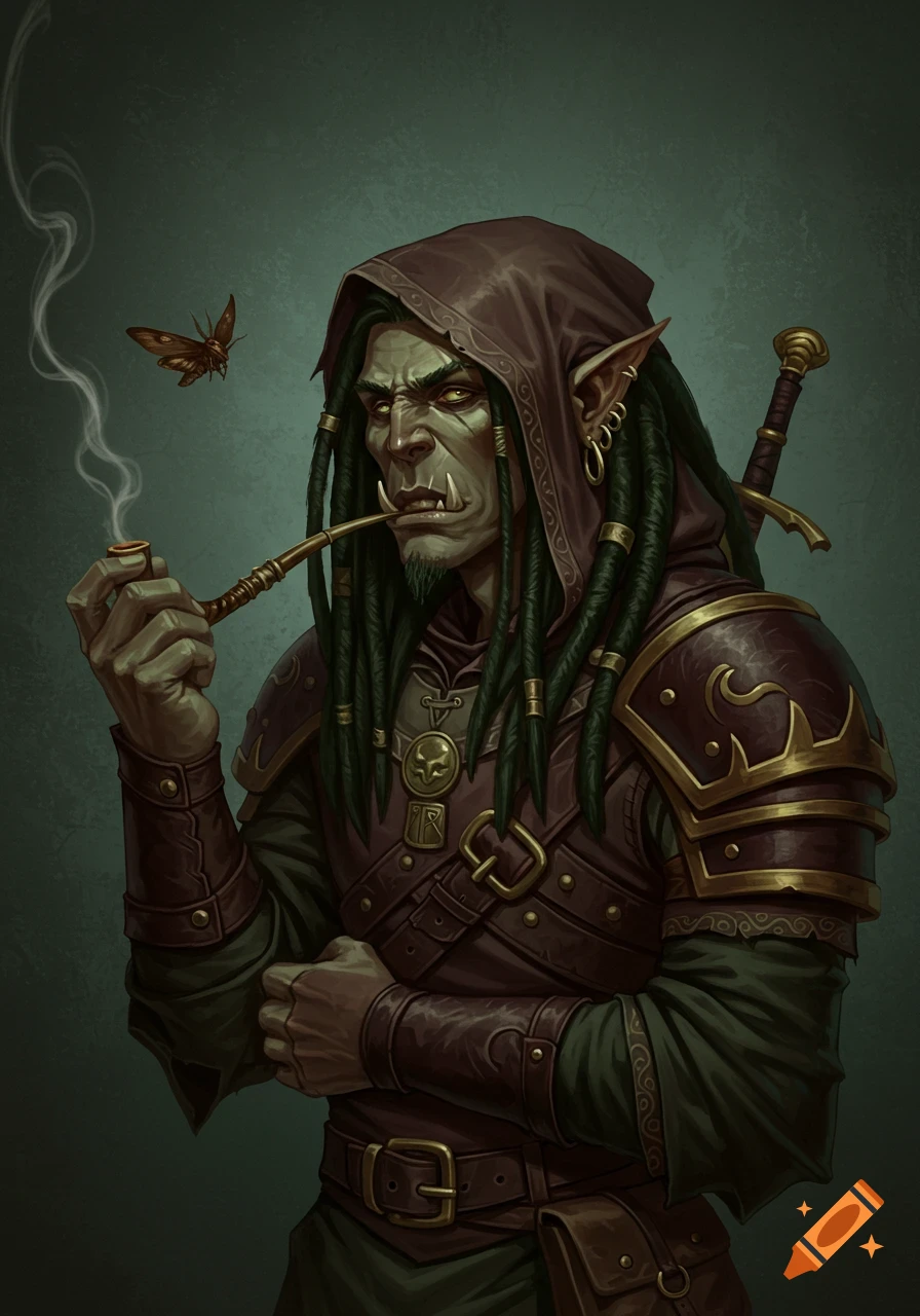 Fantasy illustration of a hooded half-orc warlock smoking a pipe ...