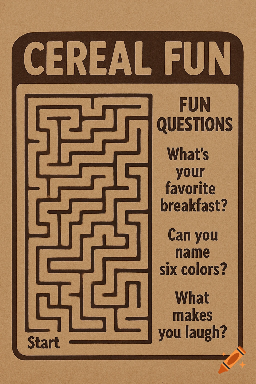 Back of a brown cereal box with a maze and 'Fun Questions' like 'What's your favorite breakfast ...