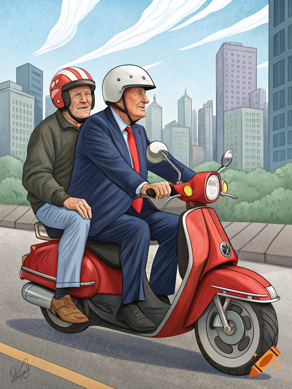 Illustration of Joe Biden and Donald Trump riding a red scooter through ...