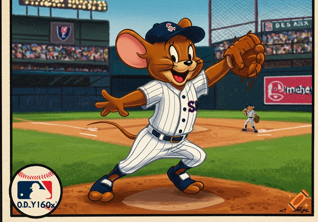 Cartoon of Jerry Mouse pitching in a pinstriped baseball uniform on a ...