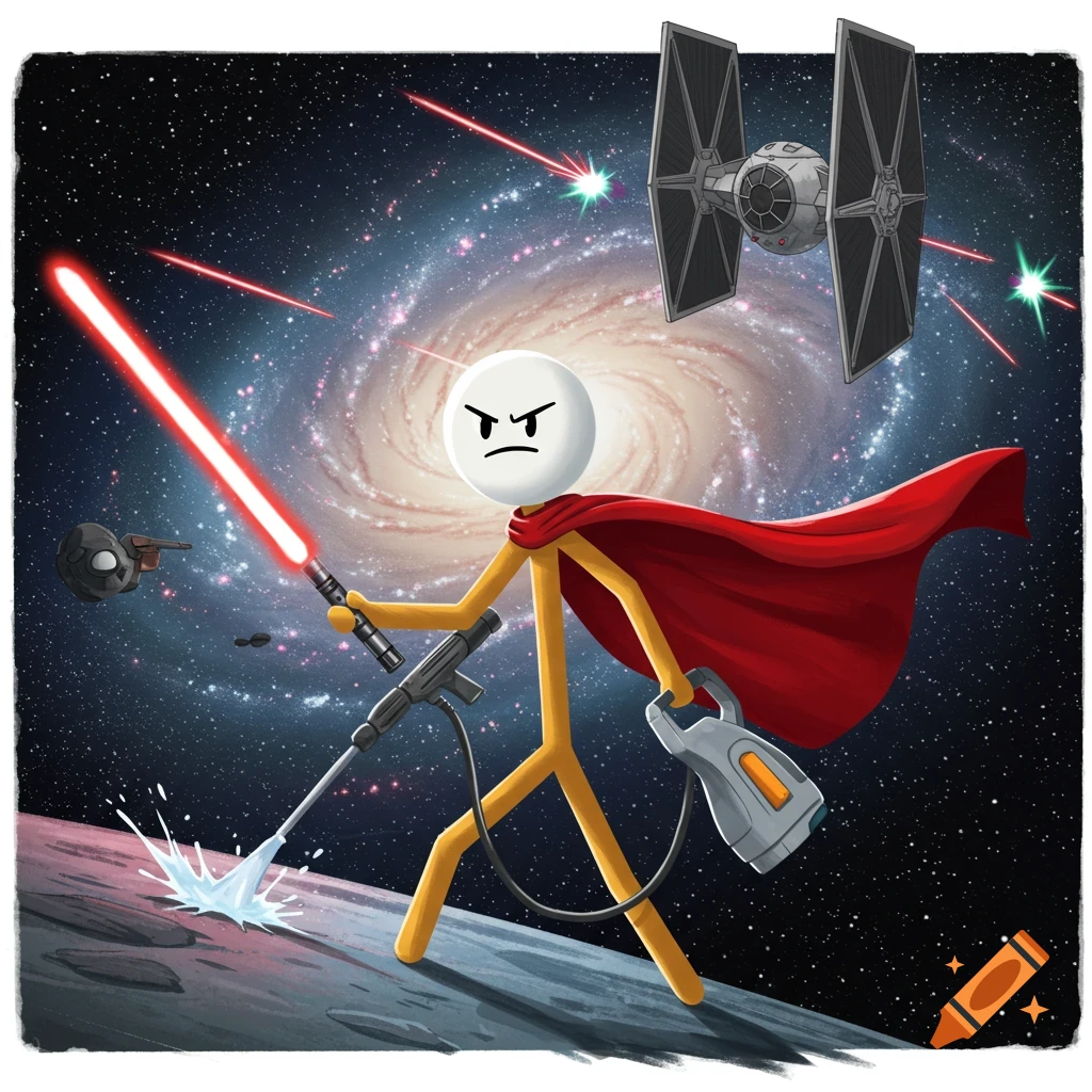 Yellow stick figure with red cape, lightsaber, and pressure washer ...