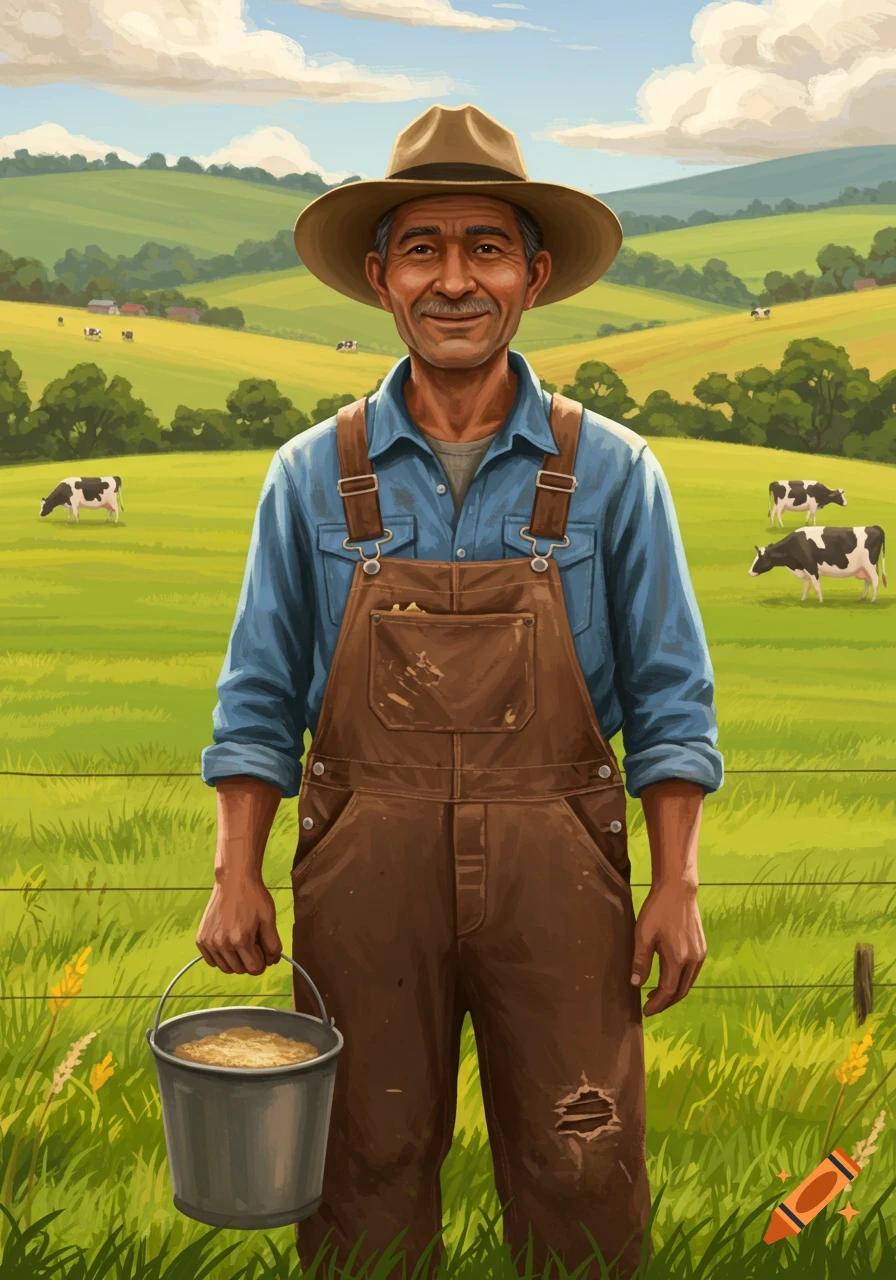A farmer holding a bucket stands in a field with cows and rolling hills ...