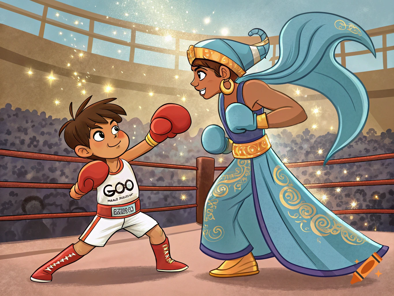 A cartoon of a young boy in boxing gear sparring with a powerful female ...