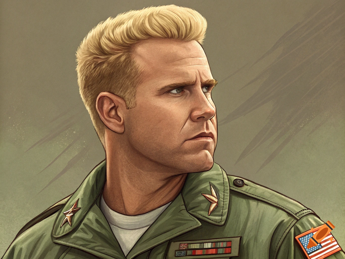 Illustration portrait of a man resembling Will Ferrell in a military ...