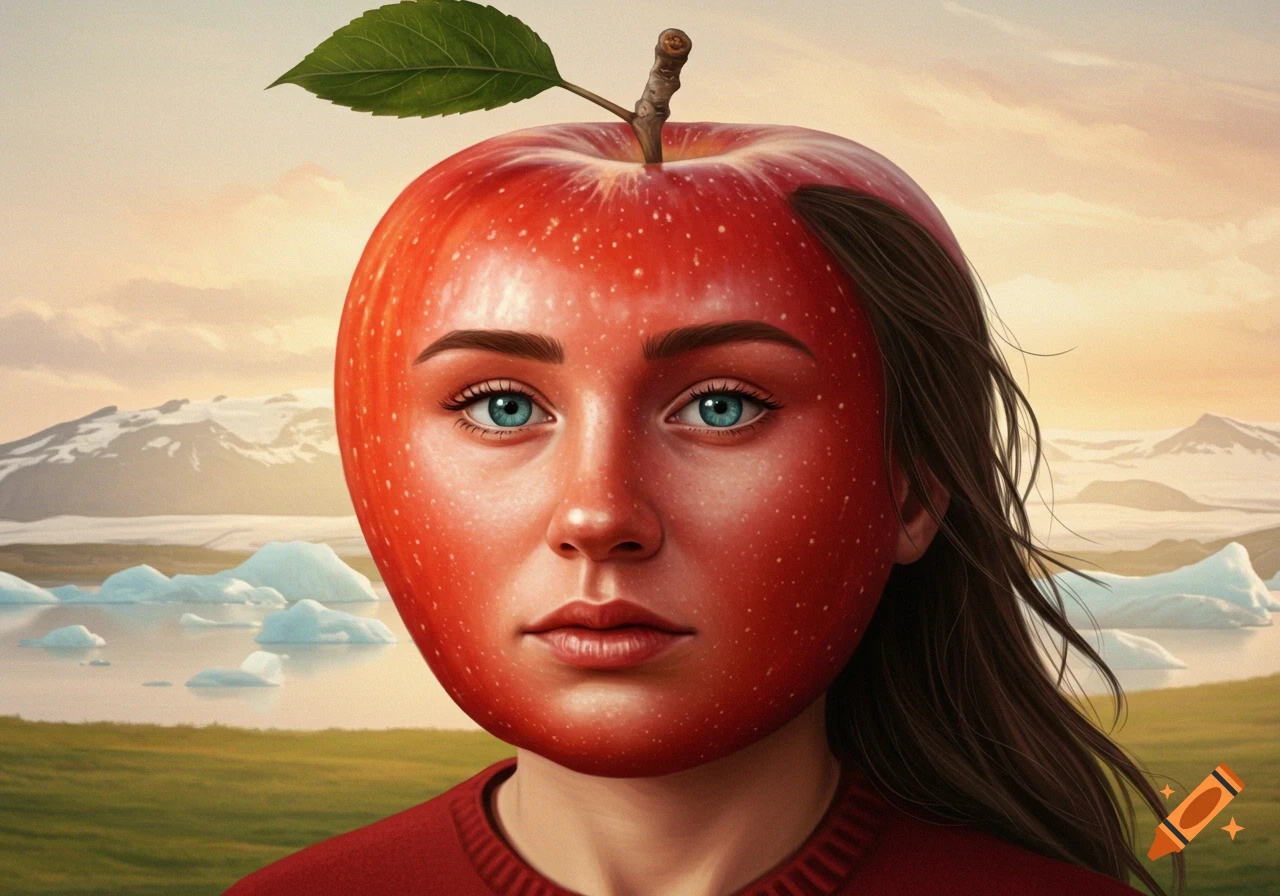 Surreal portrait of a person whose head is an apple, set in a landscape ...