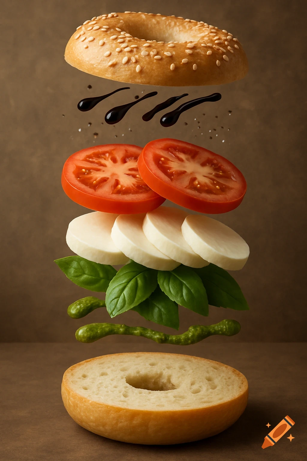 Exploded view of a floating Caprese bagel sandwich with ingredients on ...