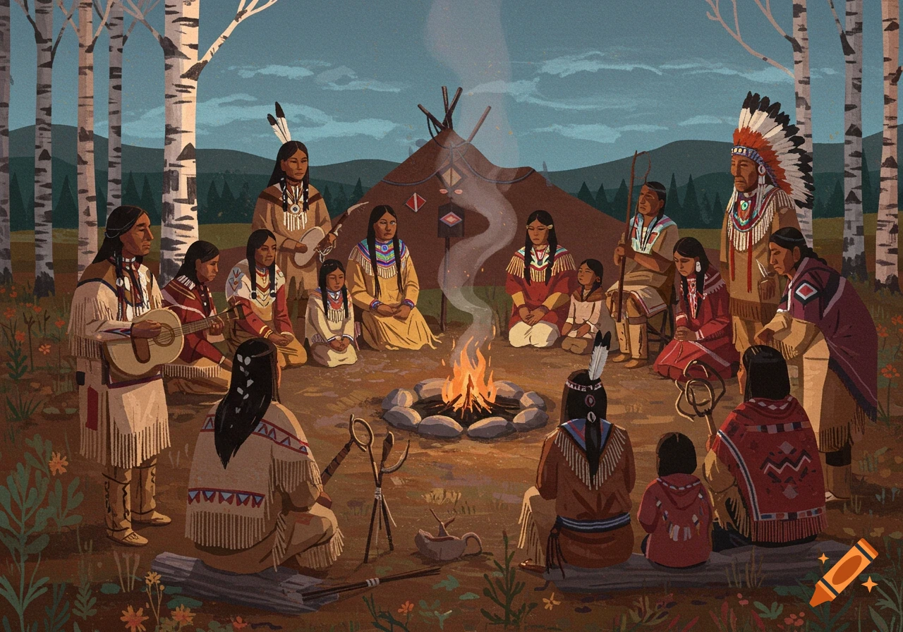 Illustration of Indigenous people gathered around a campfire at dusk ...