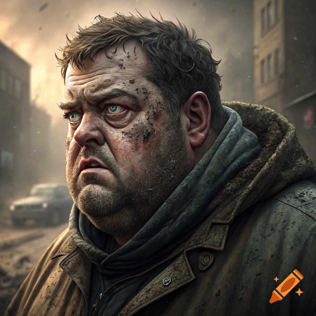 Close-up portrait of a dirty man with blue eyes and a worried ...