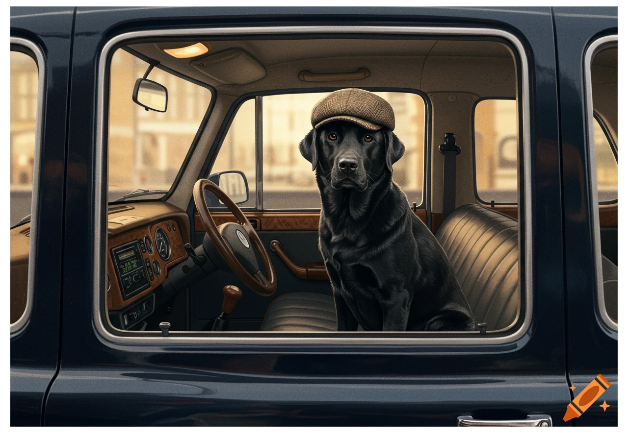 Black Labrador wearing a flat cap sits in driver's seat of a classic ...