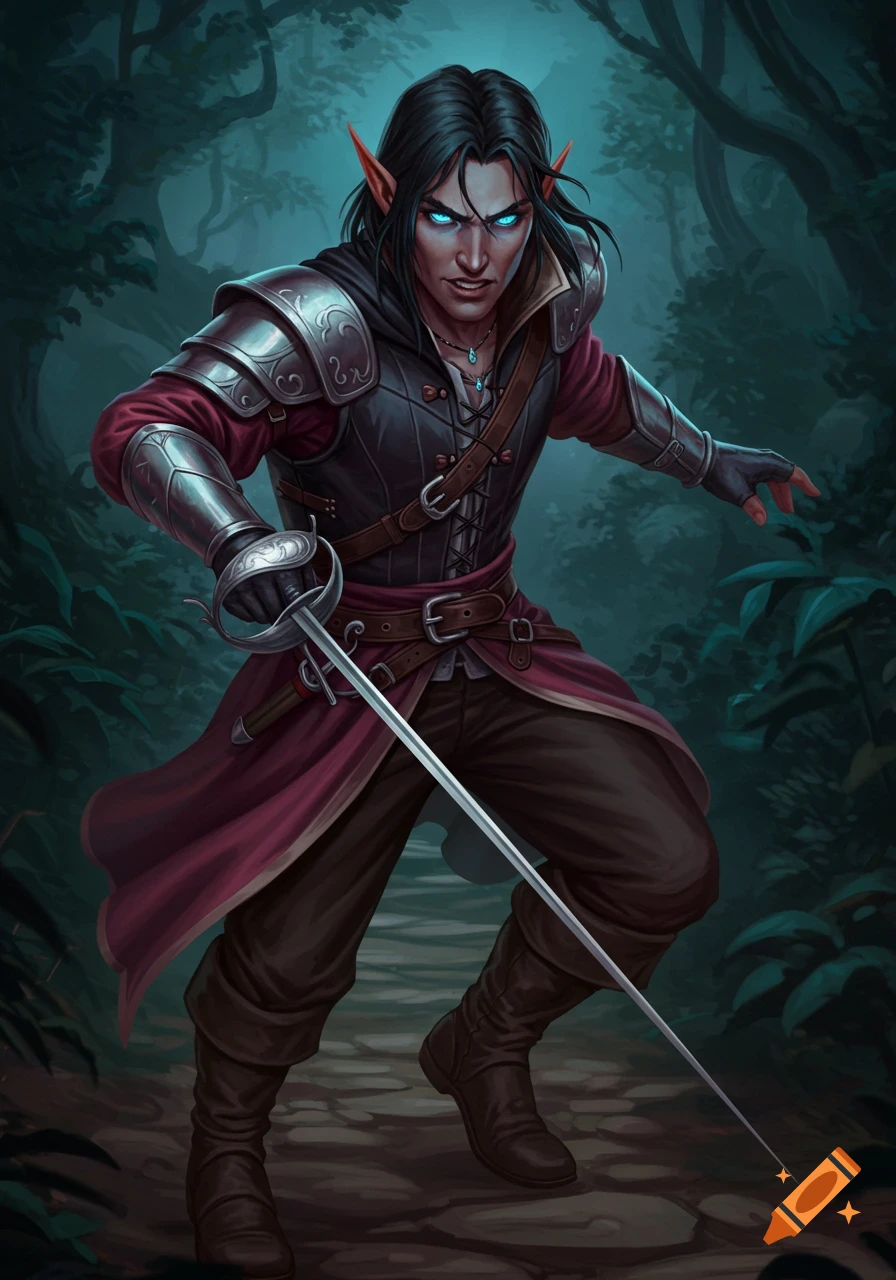 Digital illustration of a dark-haired high elf swashbuckler with a ...