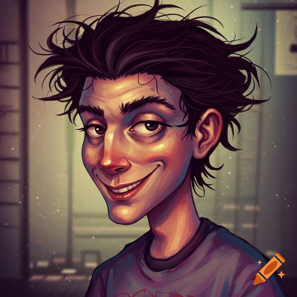 Stylized illustration of a person with messy hair and a sly smile. on ...