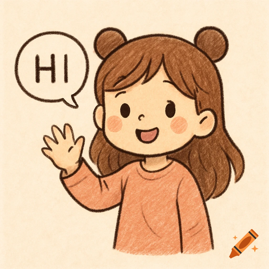 Cute cartoon drawing of a girl waving and saying HI in a speech bubble ...