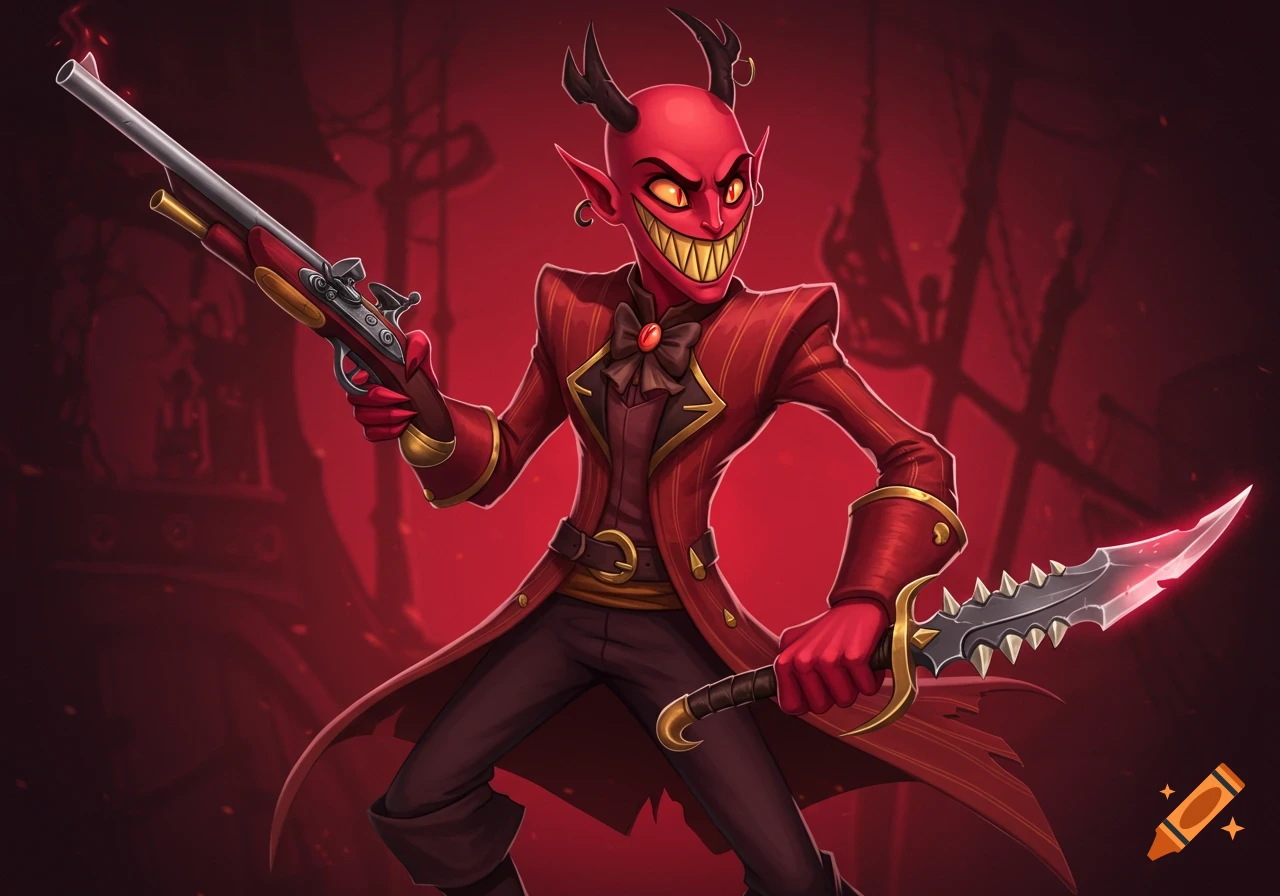 A red demon character dressed as a pirate, holding a flintlock pistol ...
