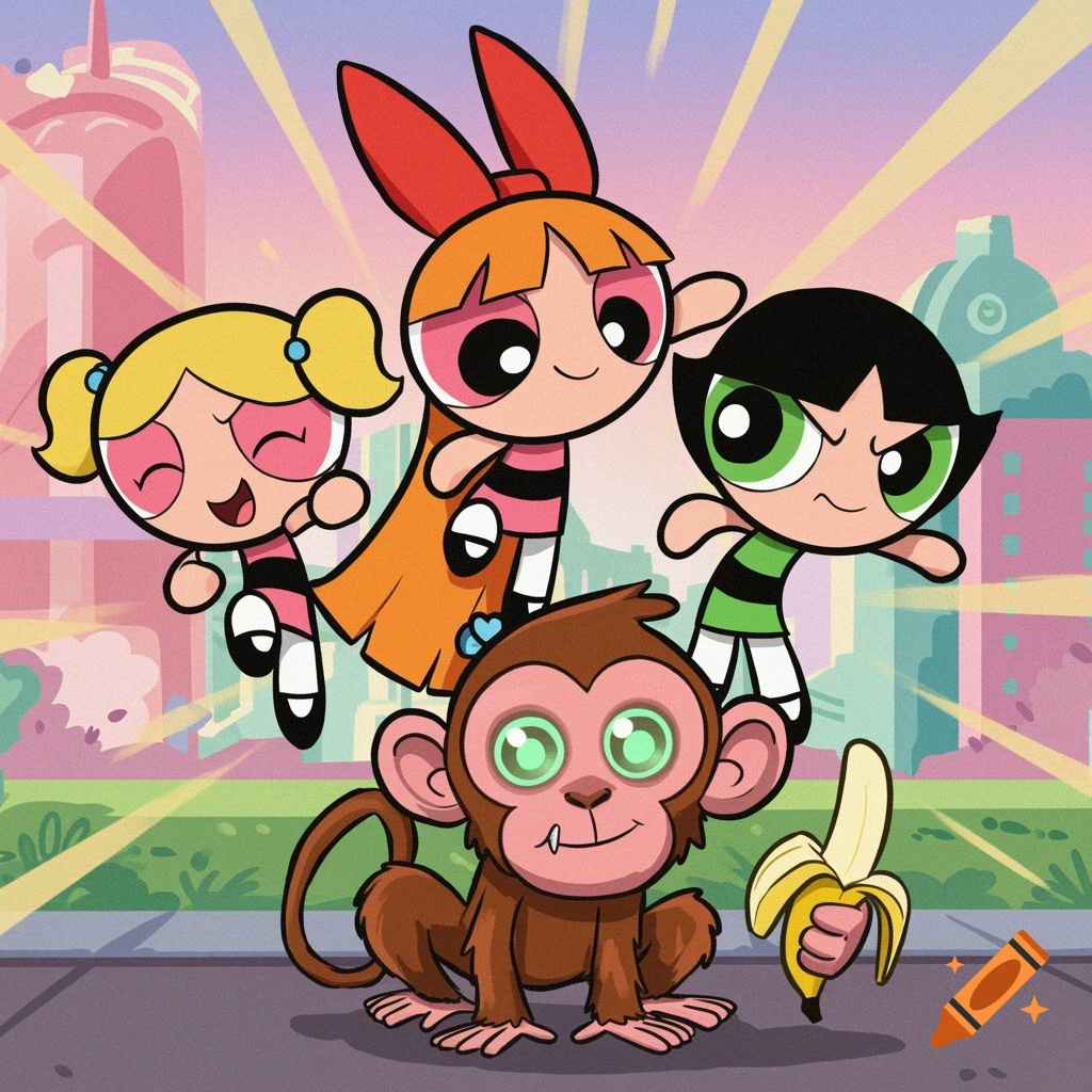The Powerpuff Girls and a monkey stand together in a cartoon city scene ...