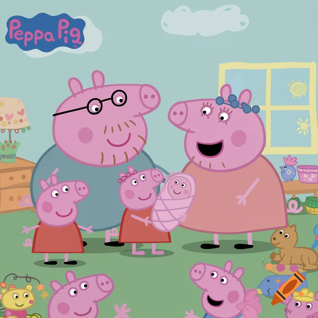 Peppa Pig style cartoon of a pig family with parents, siblings, and a ...