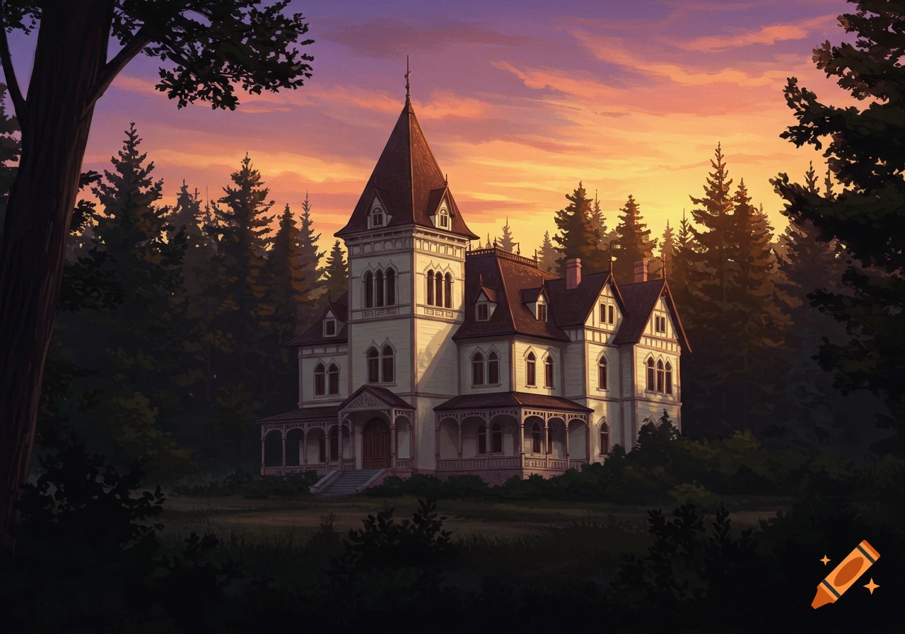 A large, stylized mansion is surrounded by dark woods under a dramatic ...
