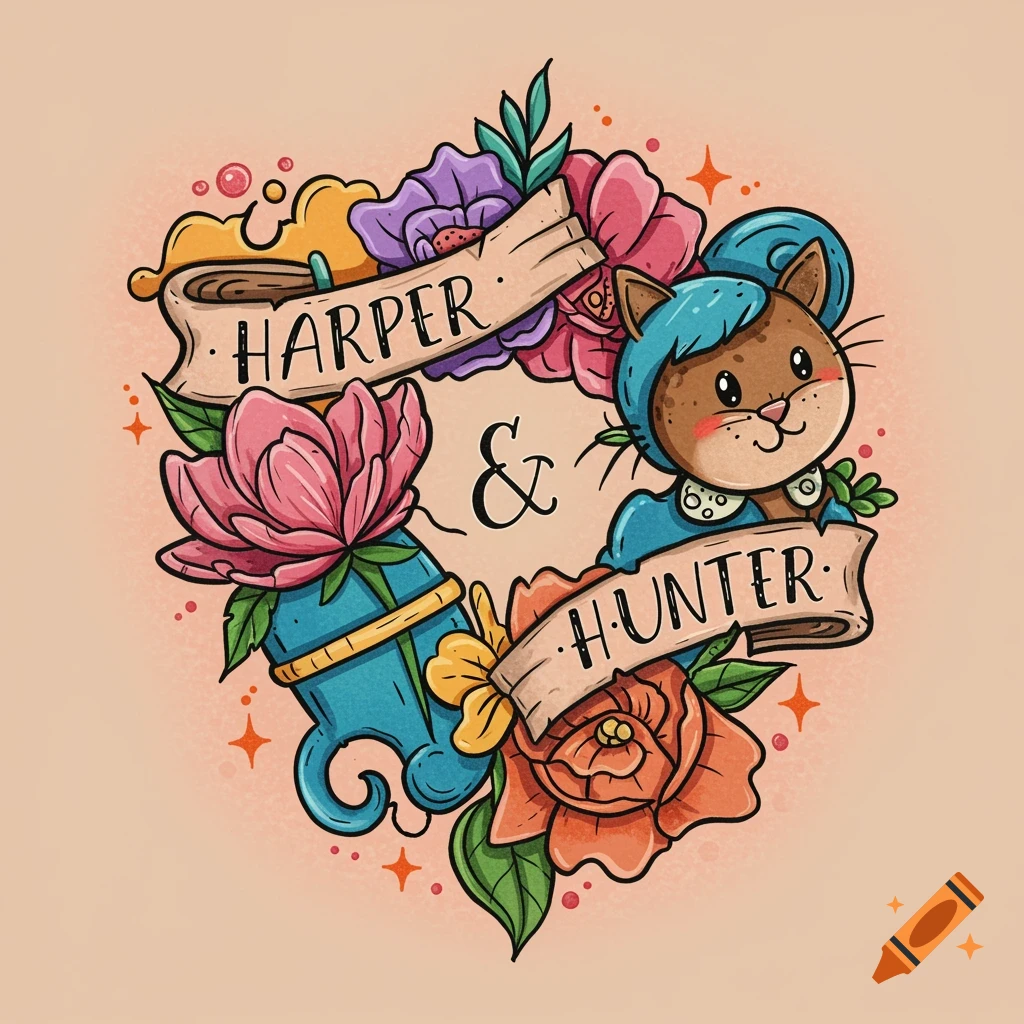 Cute cartoon cat face surrounded by colorful flowers and banners with ...