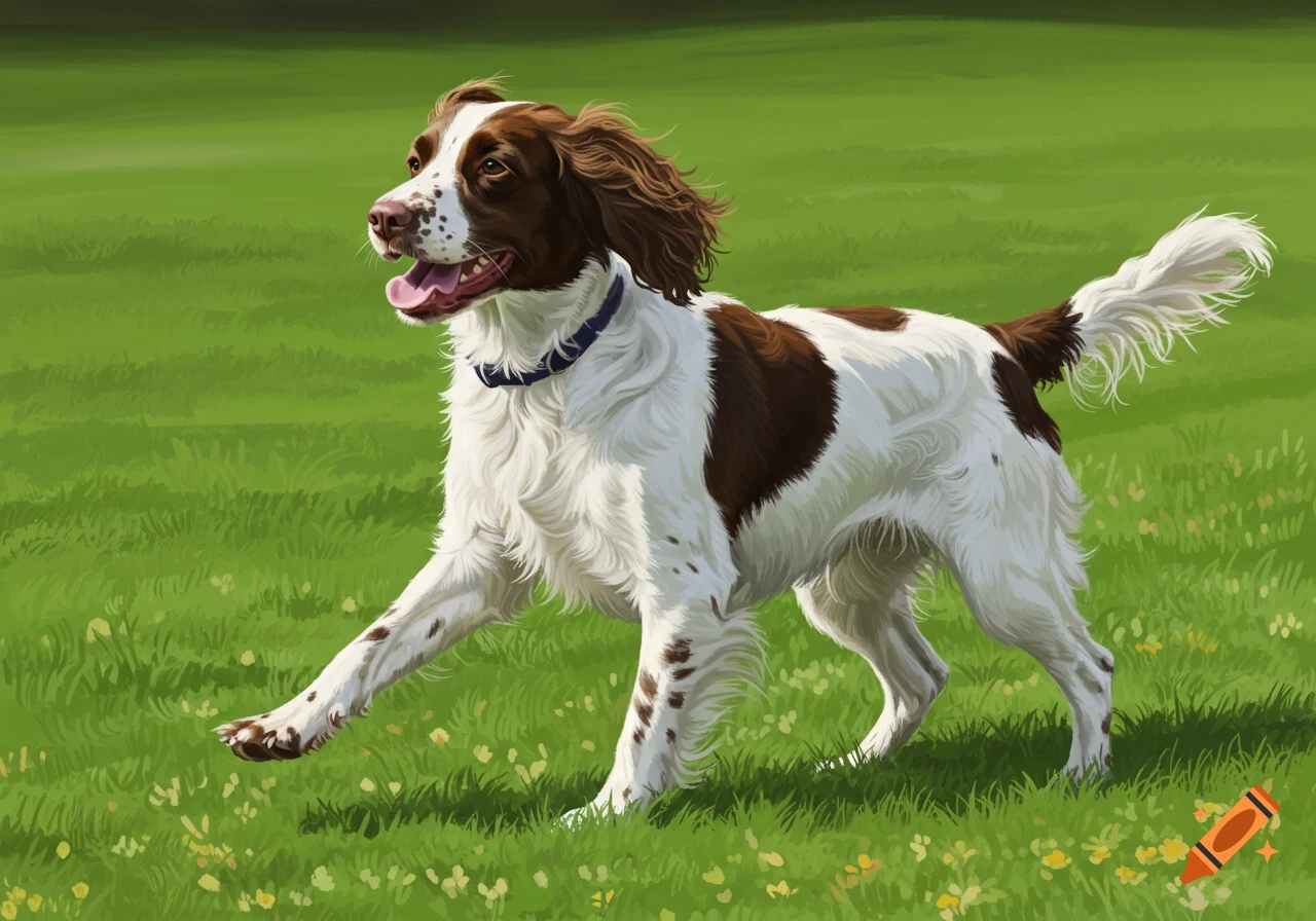 A brown and white Springer Spaniel runs through a grassy field with ...