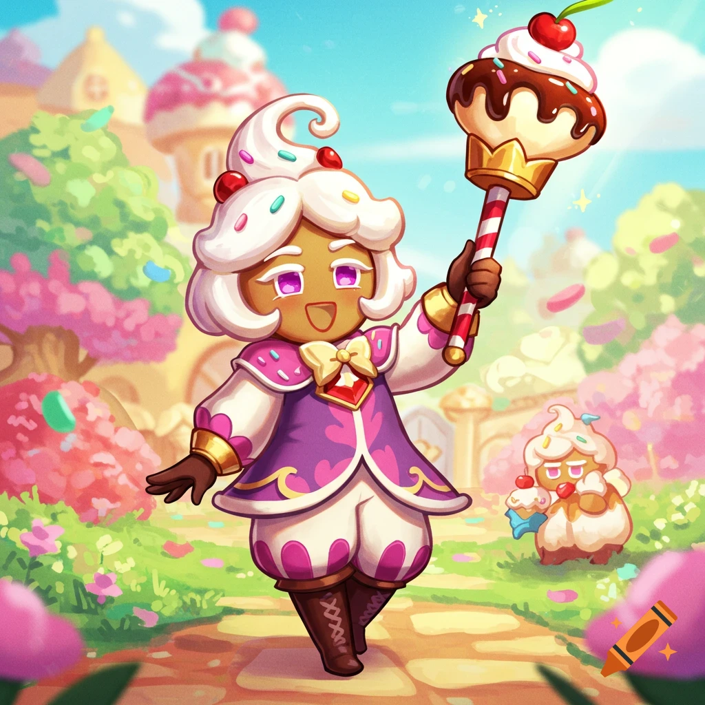 Cartoon cookie character in a sweet fantasy landscape holds a cupcake ...