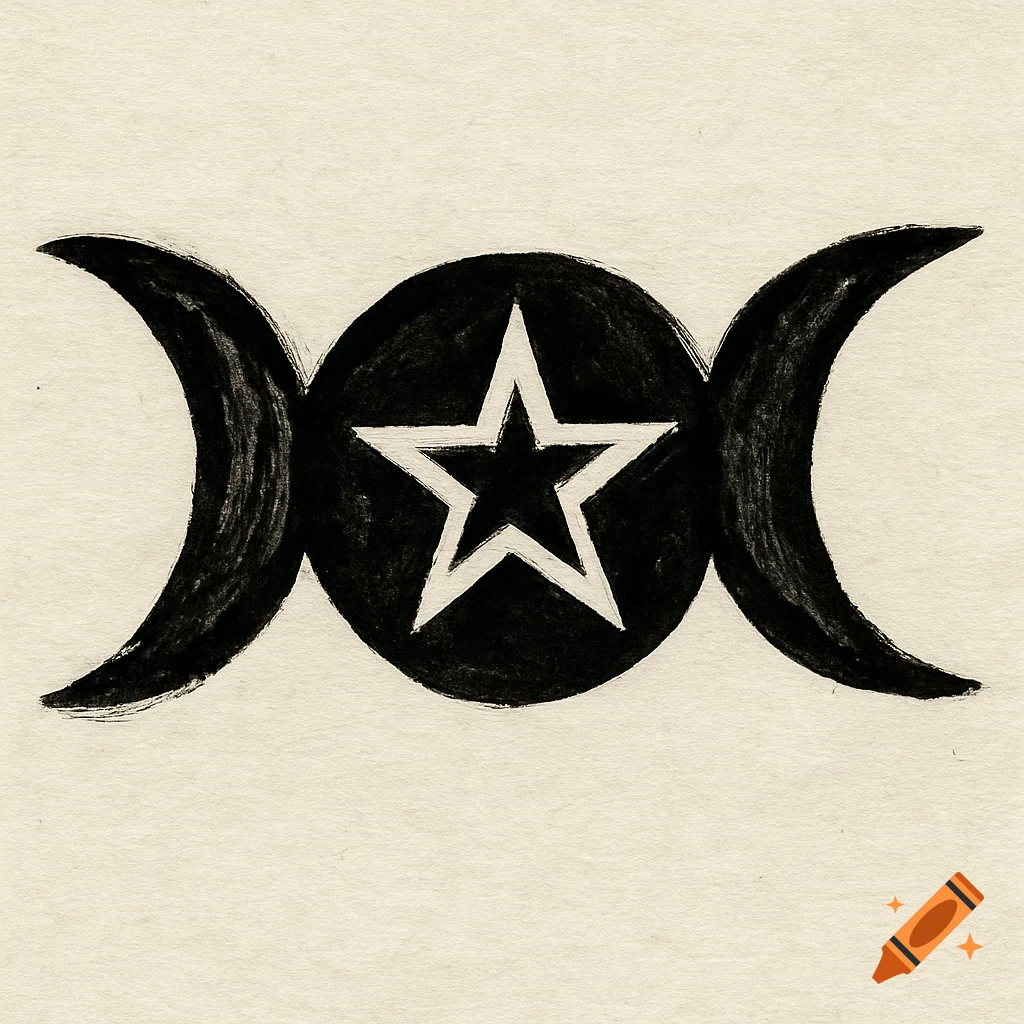 Black triple moon symbol with a white star on a textured background, in ...