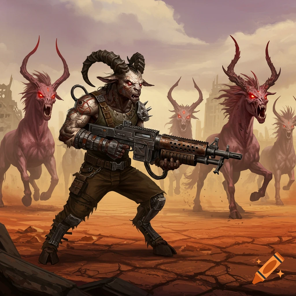 A goat-like creature with a machine gun stands in a wasteland, fighting ...