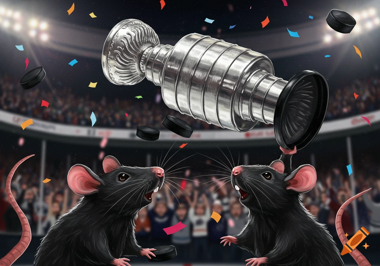 Two cartoon rats celebrate in a hockey arena, holding a large trophy ...