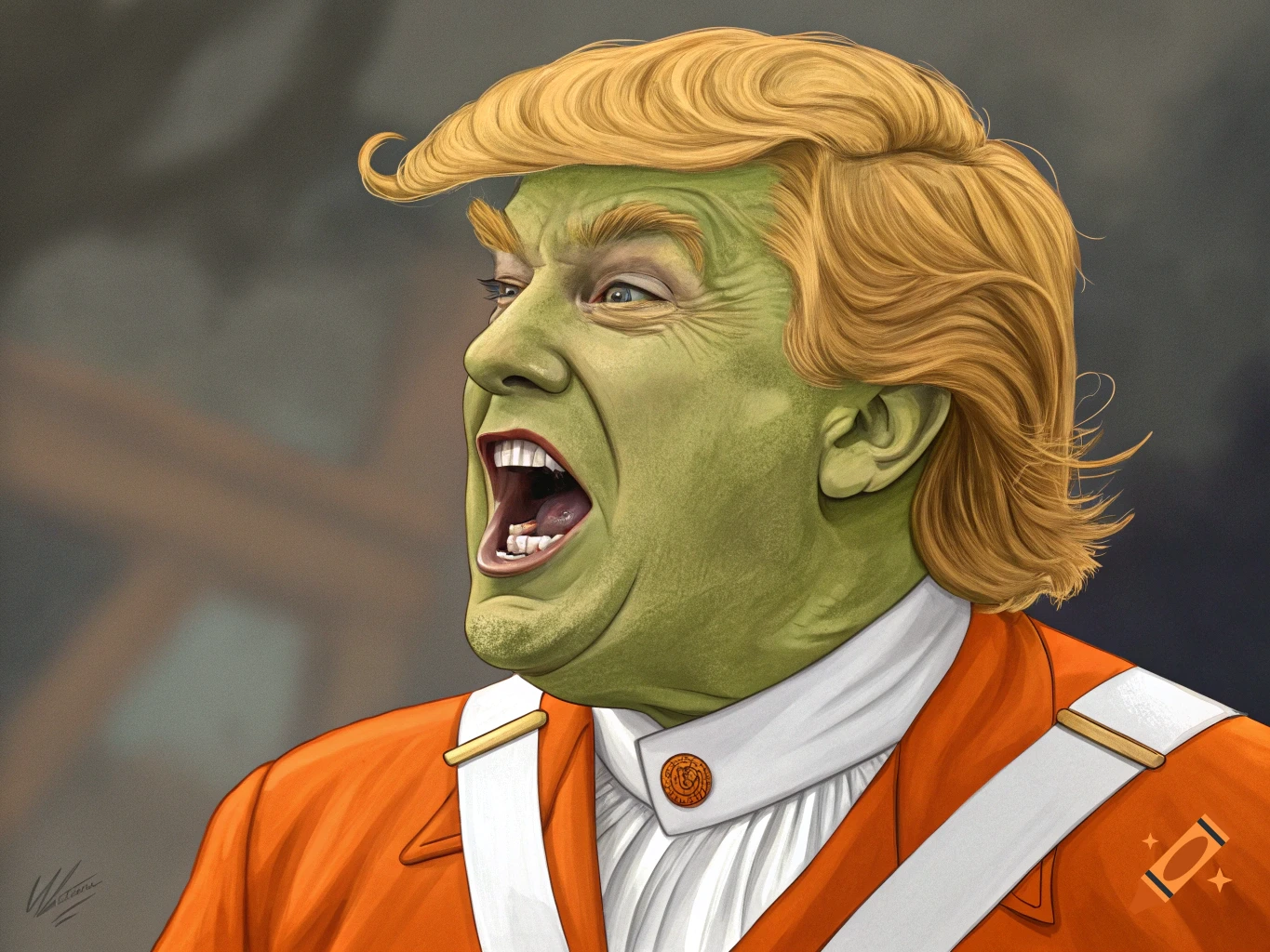Caricature of Trump as an Oompa Loompa with green skin and orange ...