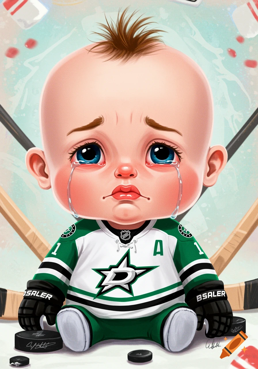 Cartoon illustration of a crying baby wearing a Dallas Stars hockey ...