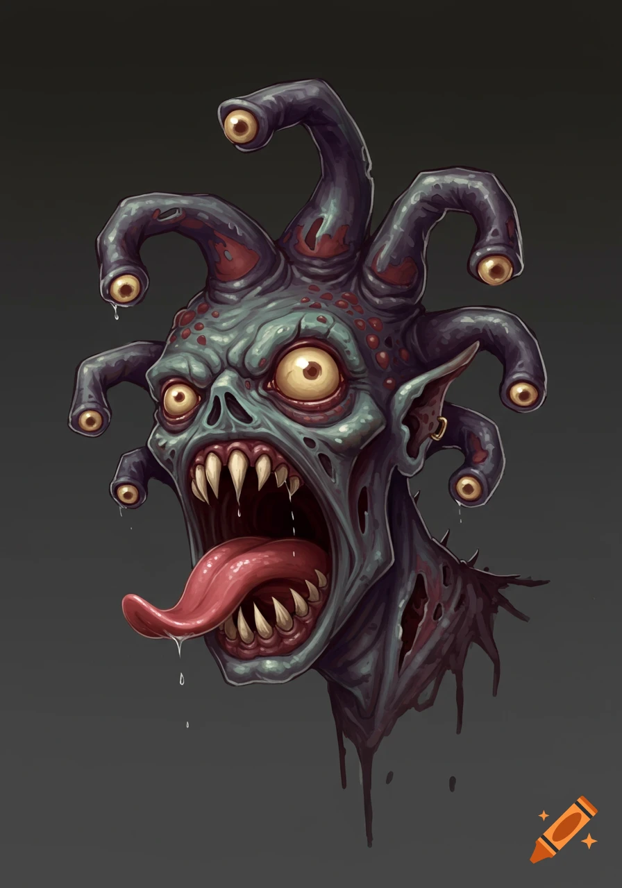Head of a multi-eyed fantasy monster with sharp teeth and tongue ...