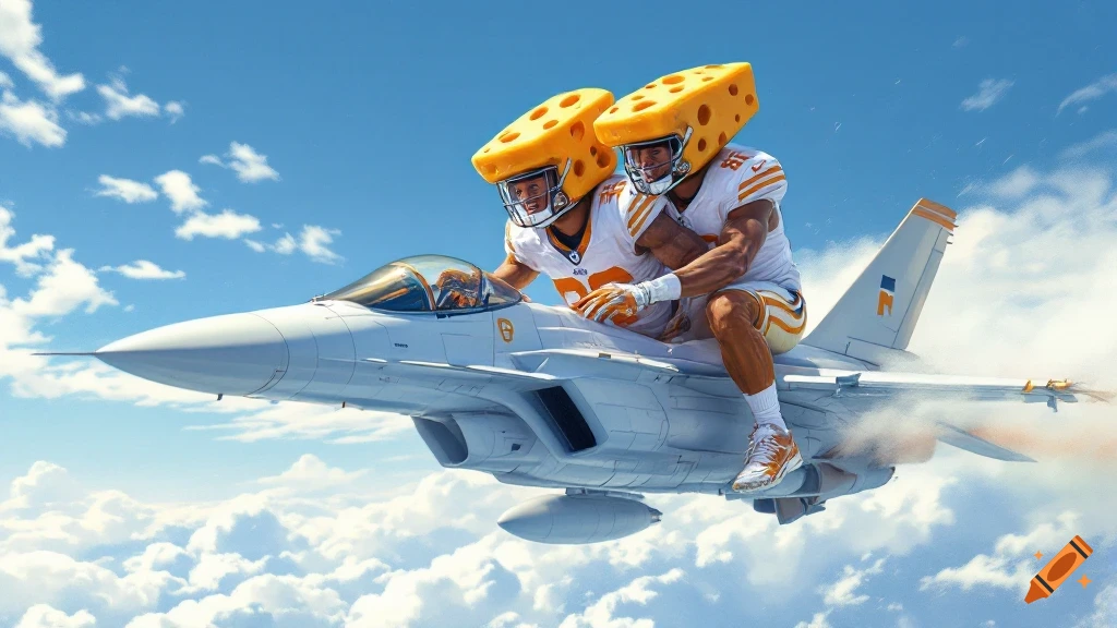 Two football players wearing large cheesehead helmets ride a jet ...
