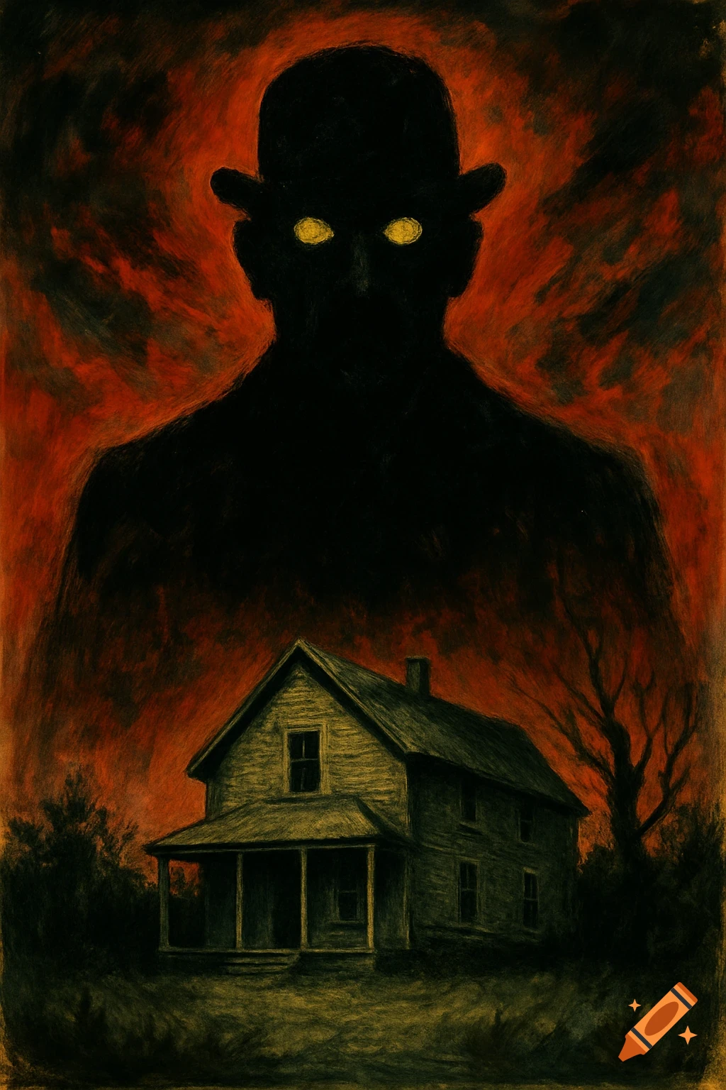 A dark, textured illustration of a giant shadow figure with glowing ...