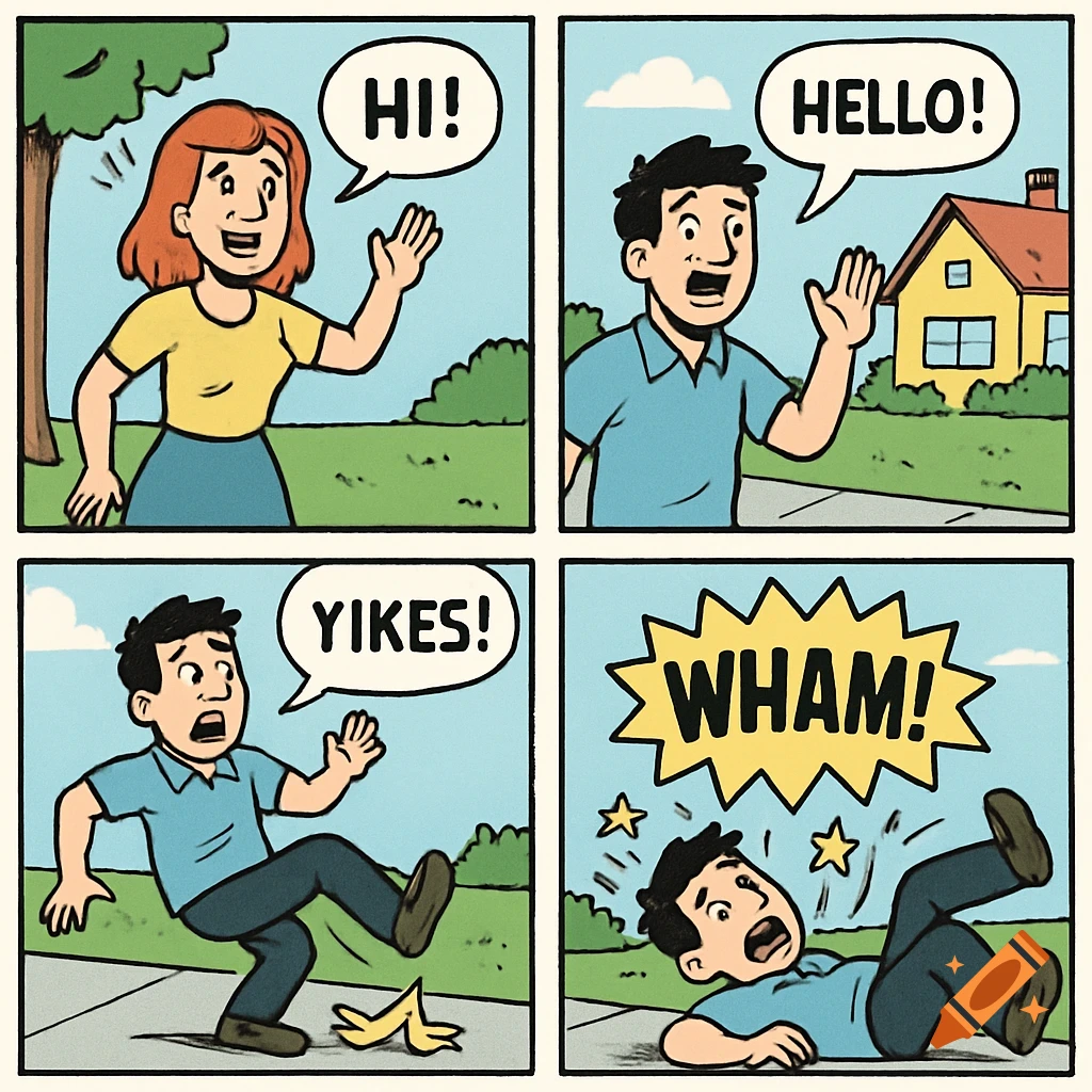 Cartoon comic strip of a man slipping on a banana peel and falling ...