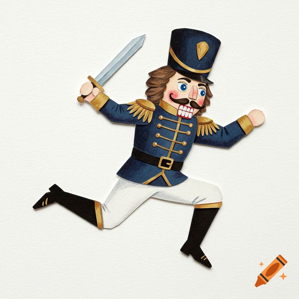 Paper cutout of a nutcracker figure running with a sword on Craiyon