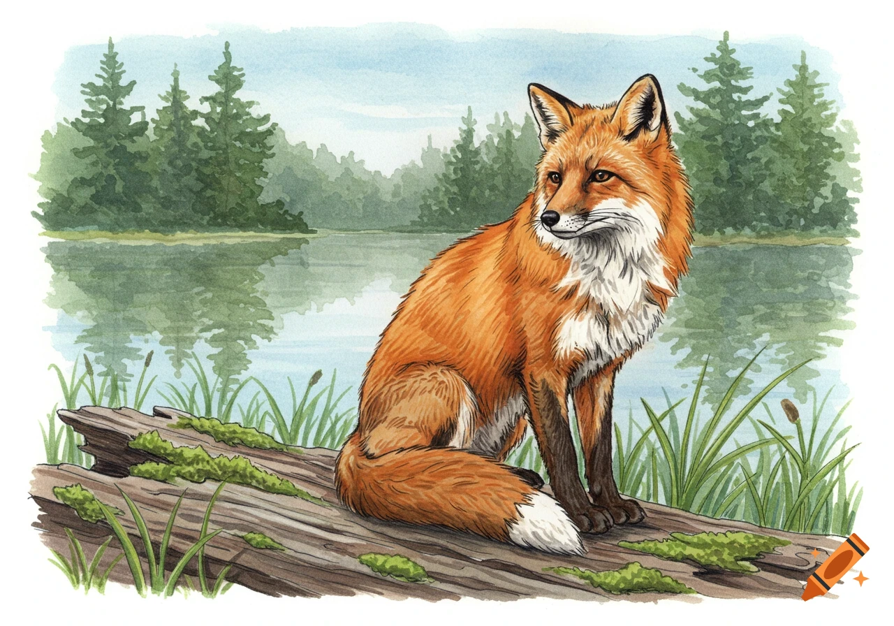 Watercolor drawing of a red fox sitting on a log by a lake on Craiyon