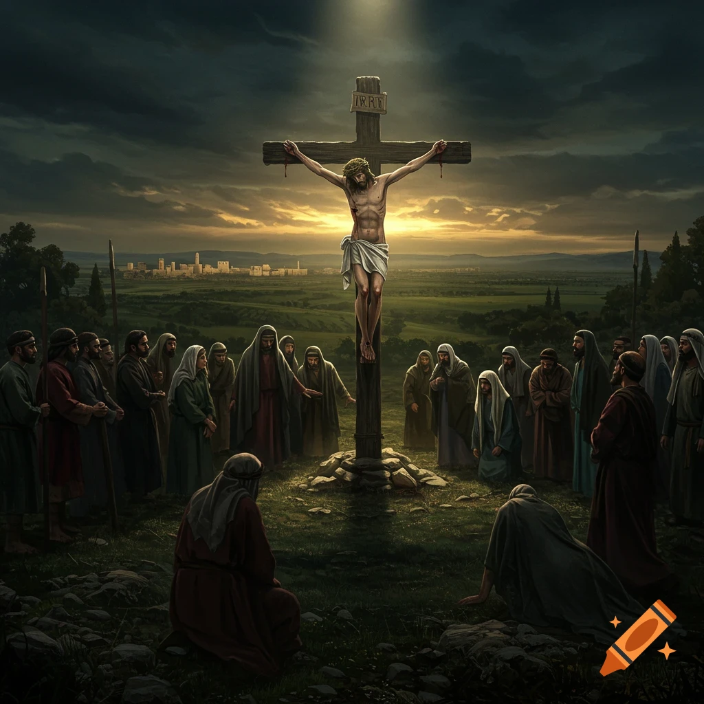 Jesus on the cross surrounded by a crowd, with a city in the distance ...