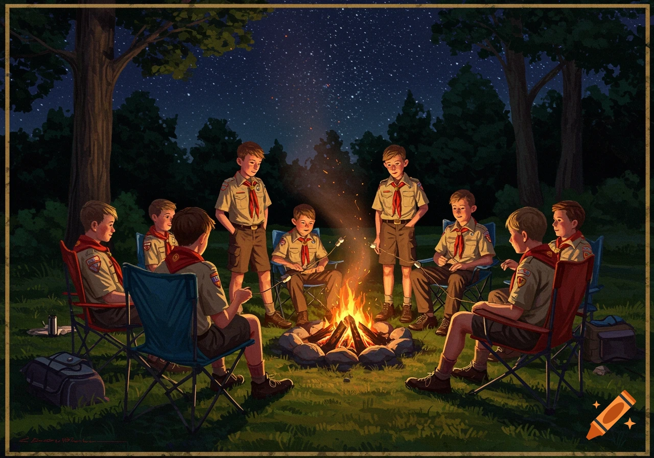 Illustration of Boy Scouts sitting around a campfire at night on Craiyon