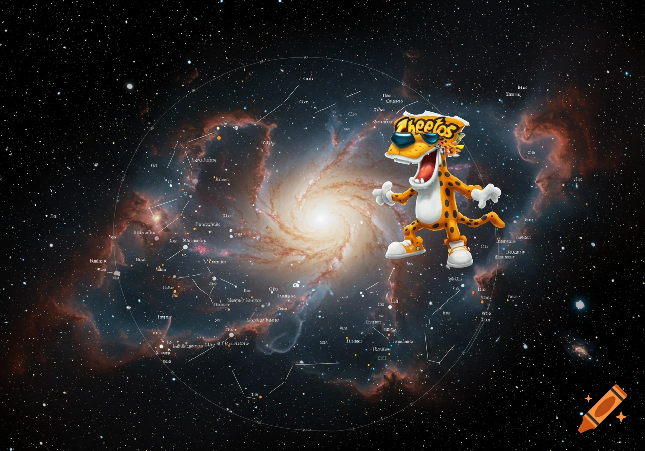 Cheeto Monster cartoon character stands in space over a galaxy and star ...