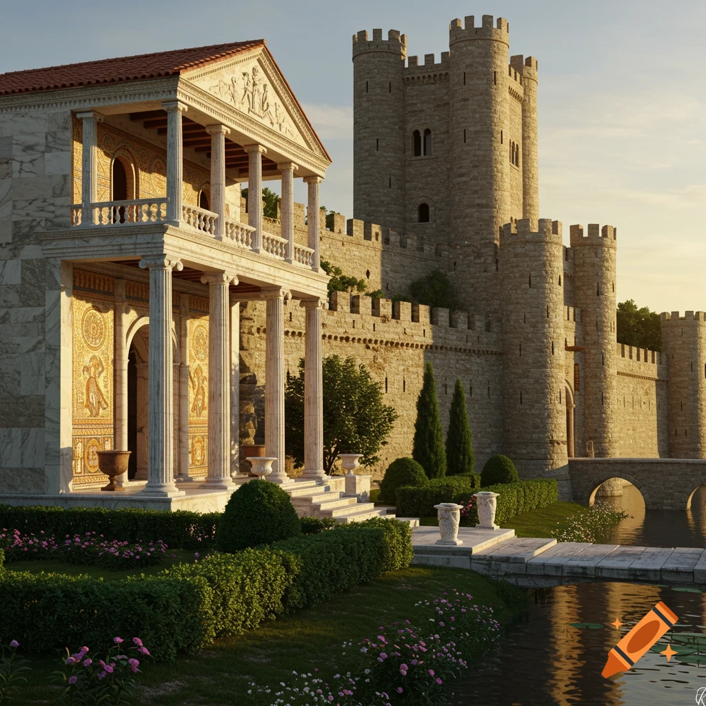 A classical Roman villa with a portico stands next to a fortified ...