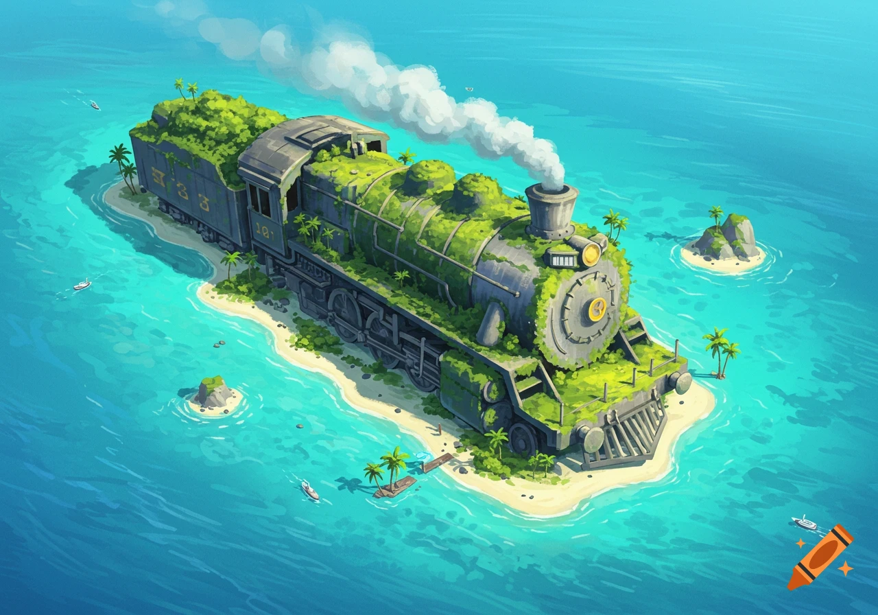 An island shaped like an old steam train engine in the middle of the ...