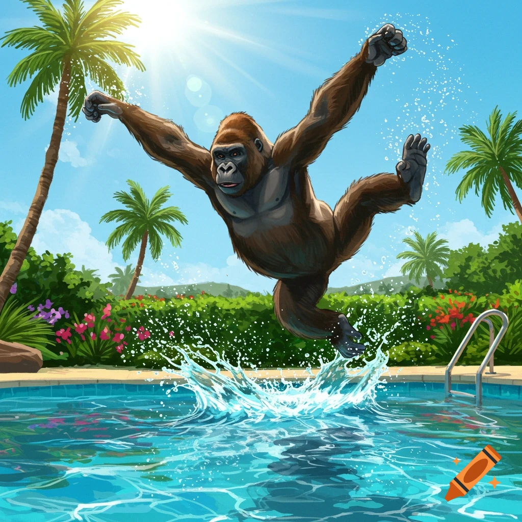 Cartoon gorilla jumps into a swimming pool, making a large splash ...