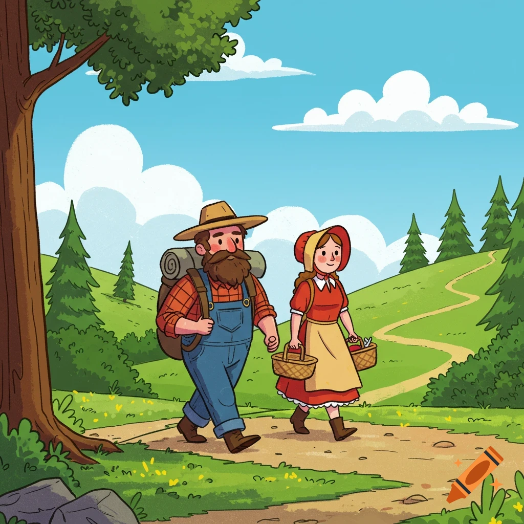 Cartoon of a pioneer man and woman hiking on a path in a hilly ...