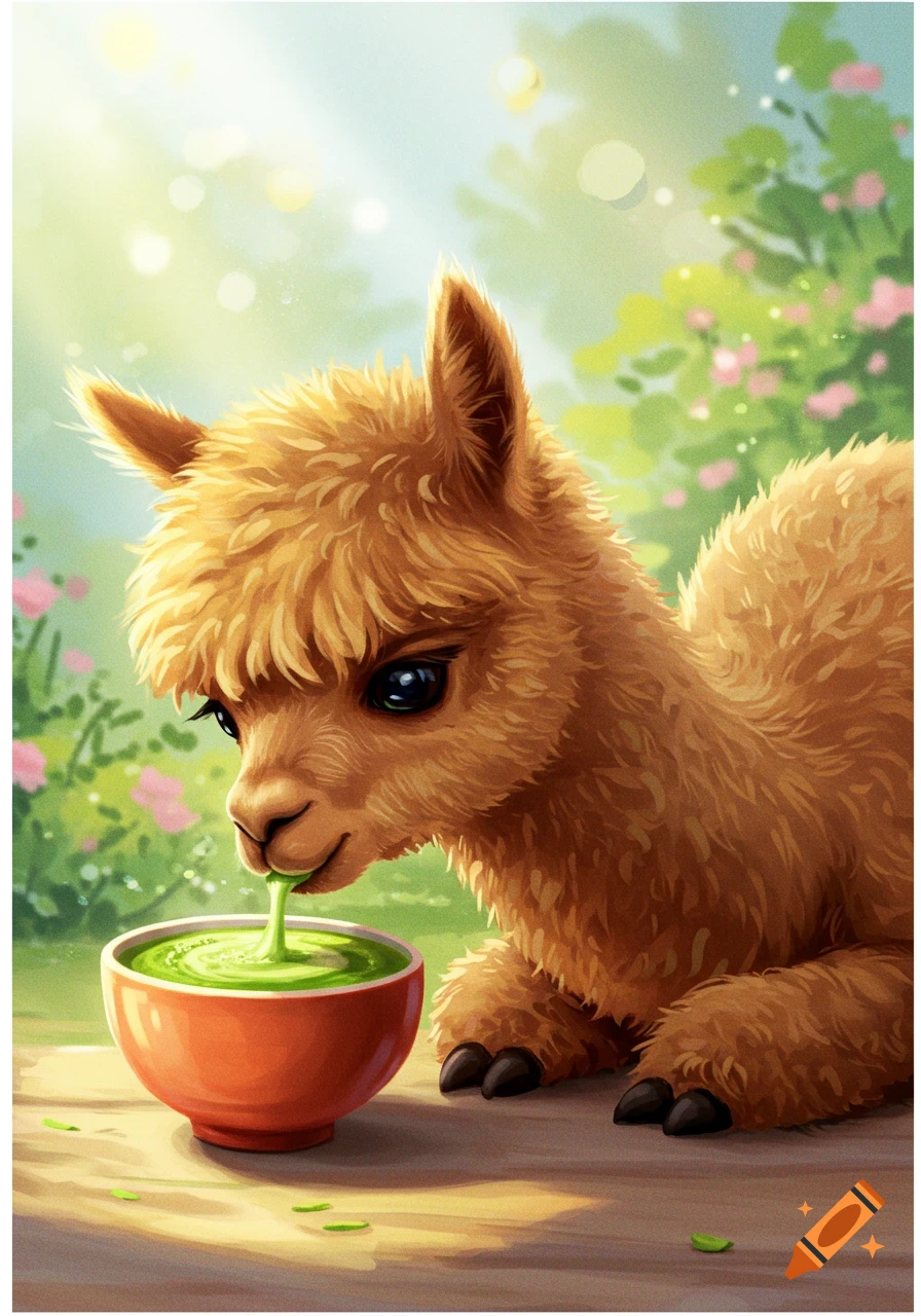 An illustration of a baby alpaca drinking green liquid from a bowl in a ...
